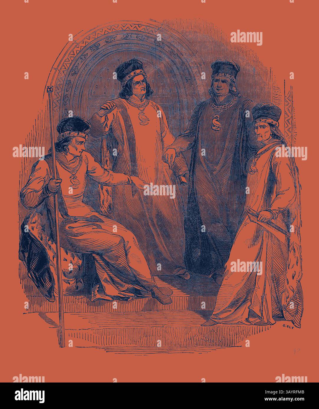 A group of four figures dressed in elaborate robes and headwear ...