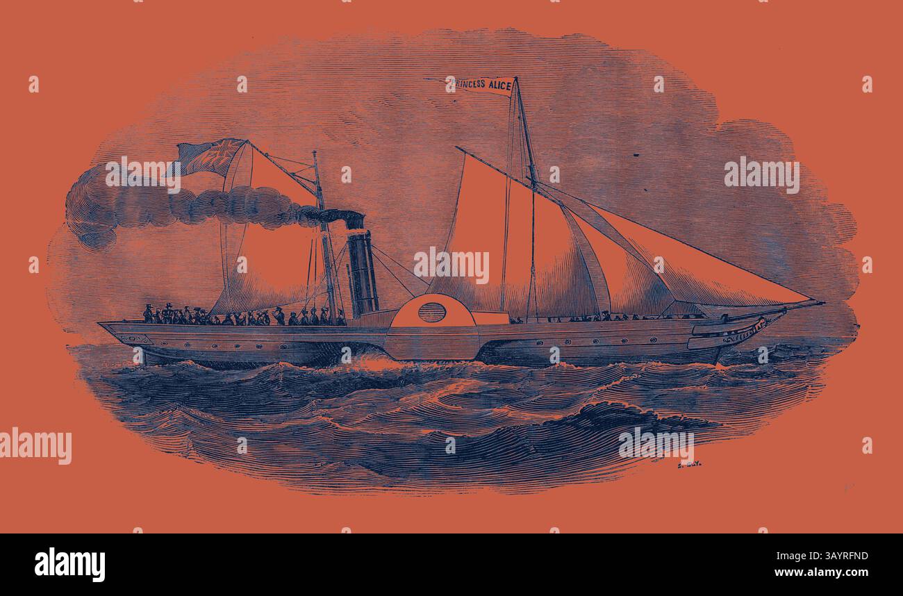A steam-powered vessel with billowing smoke and sails unfurled ...