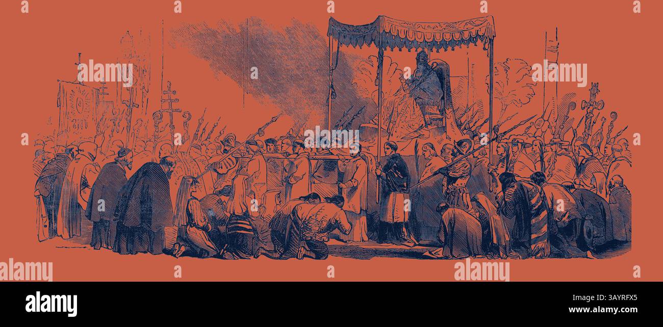 A historical scene depicting a large gathering of people, some in ...