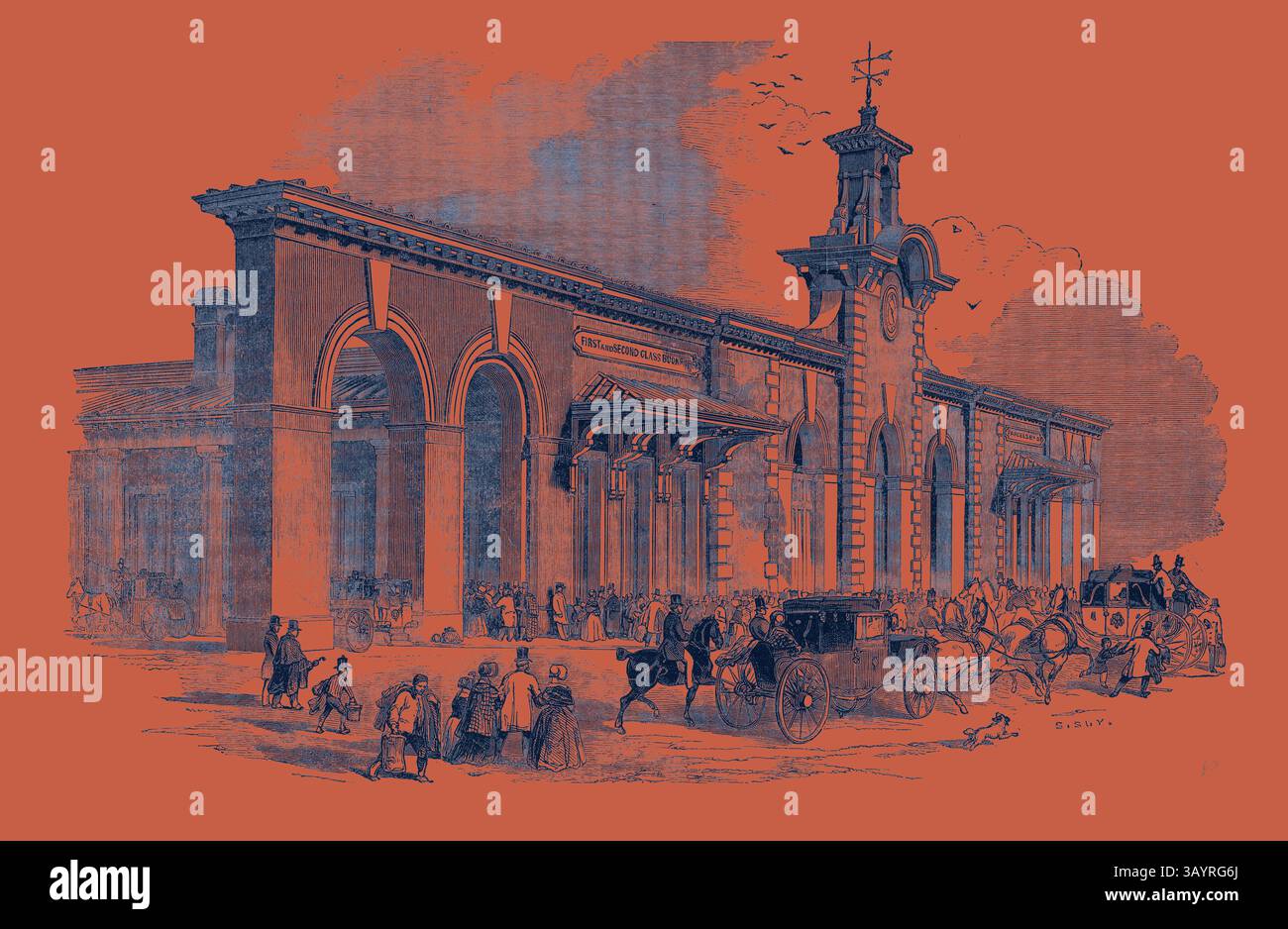 A bustling scene depicting a historic train station, complete with ...
