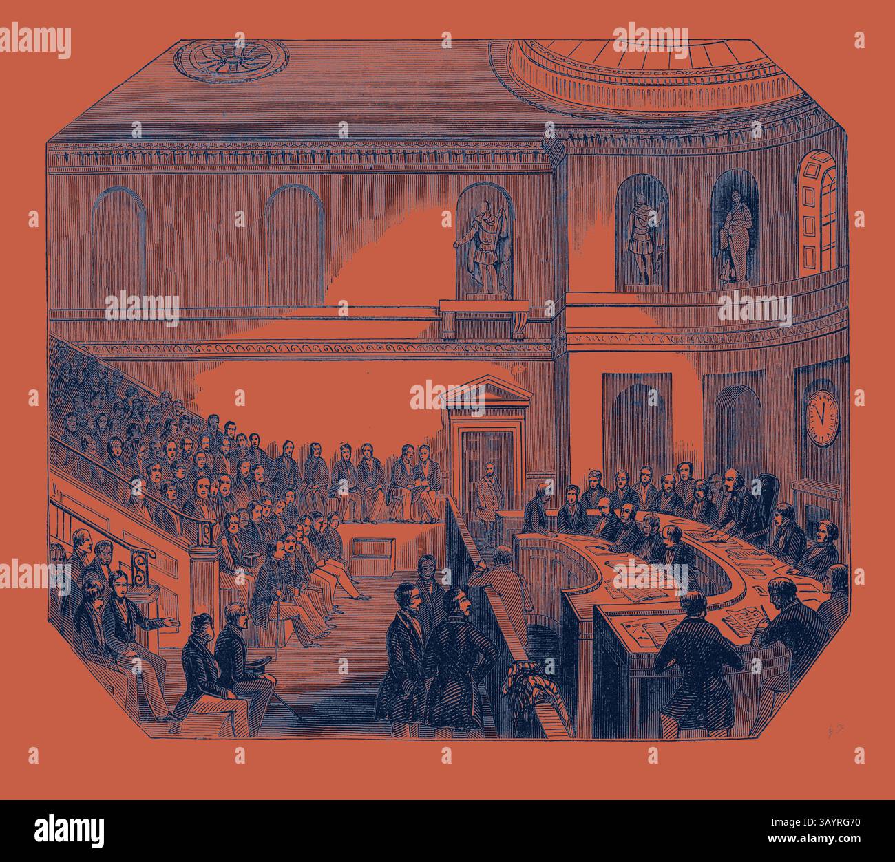 A historic courtroom scene, showcasing a large gathering of spectators ...