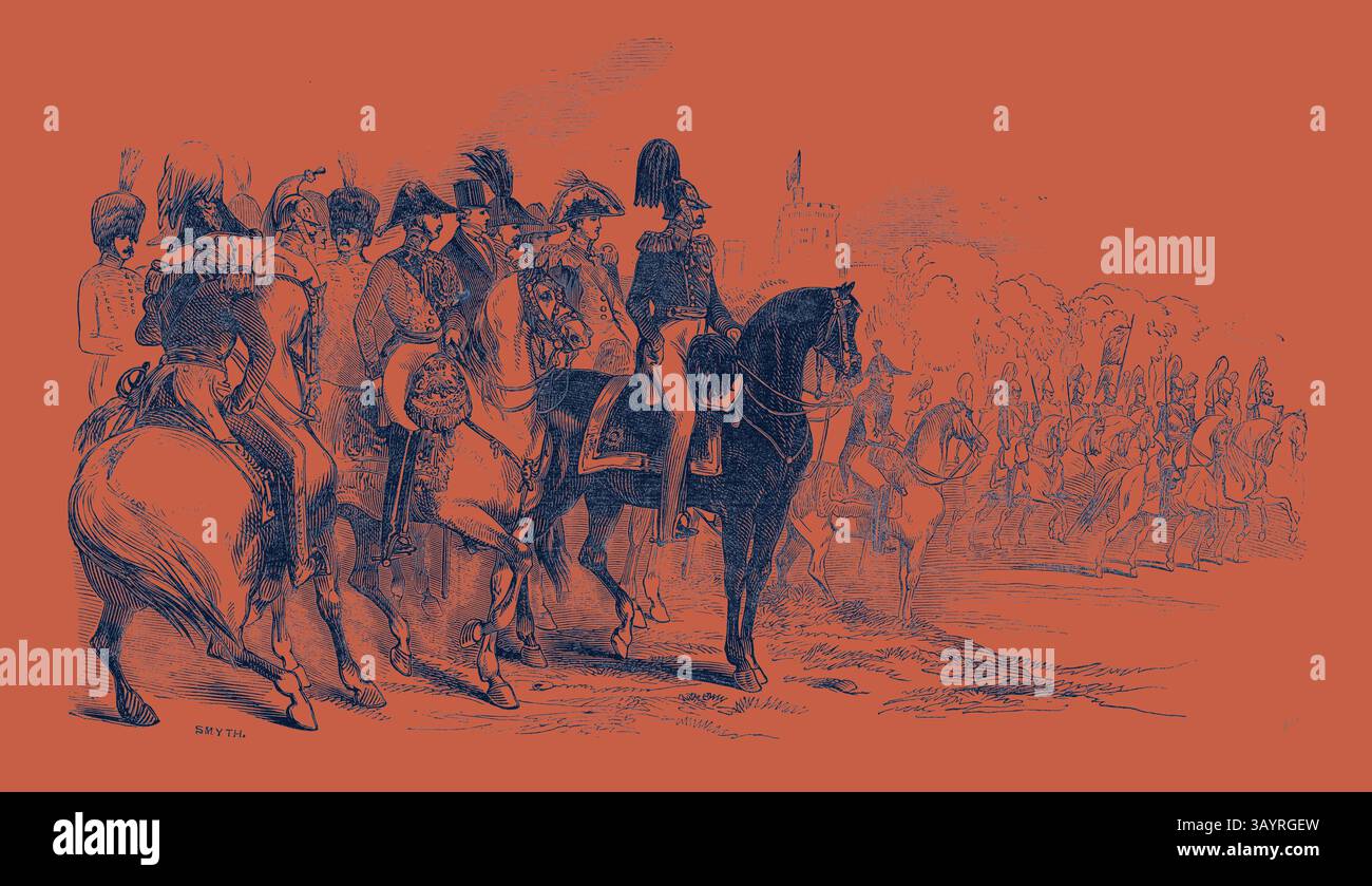 A group of mounted soldiers and officers in historical military attire ...