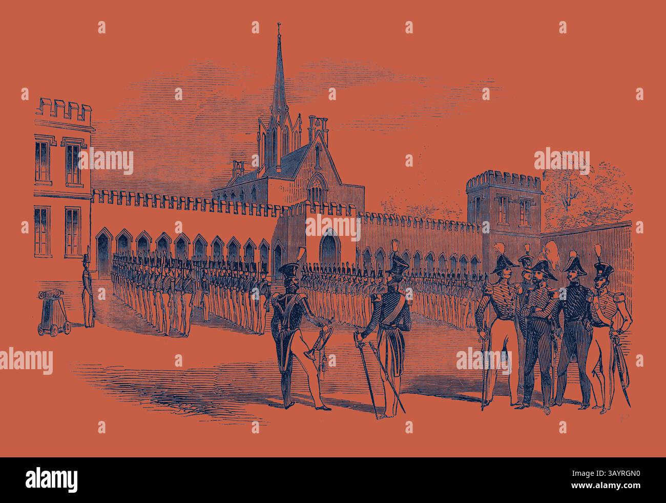 A military procession takes place in front of a grand, Gothic-style ...