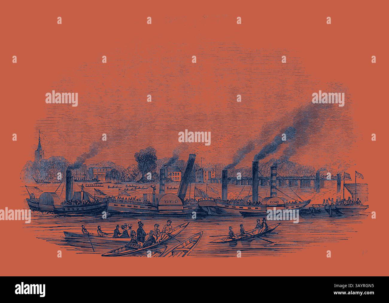 A bustling waterfront scene featuring steam-powered boats and smaller ...