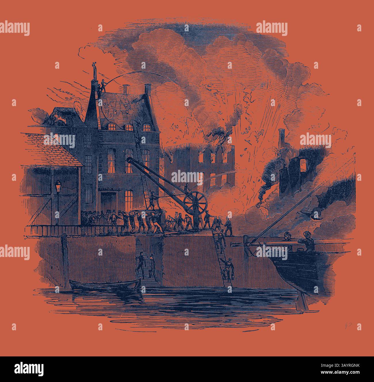 A dramatic scene depicting firefighters battling a large blaze in a ...