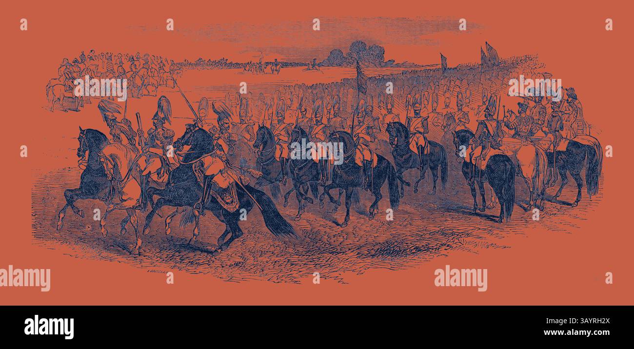 A detailed scene depicting a historic cavalry procession, featuring ...
