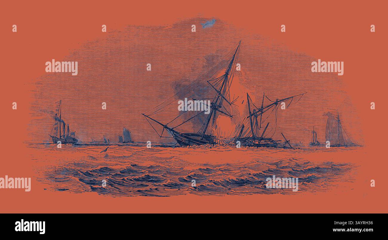 A dramatic scene of sailing ships battling turbulent waters, with ...