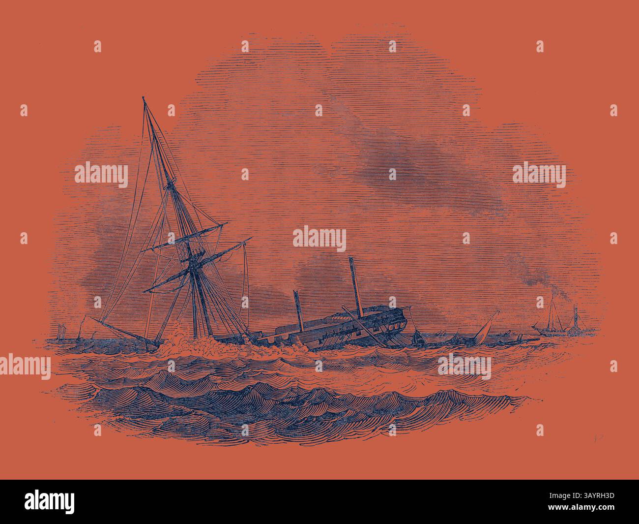 A historic depiction of a ship navigating turbulent waters, with ...