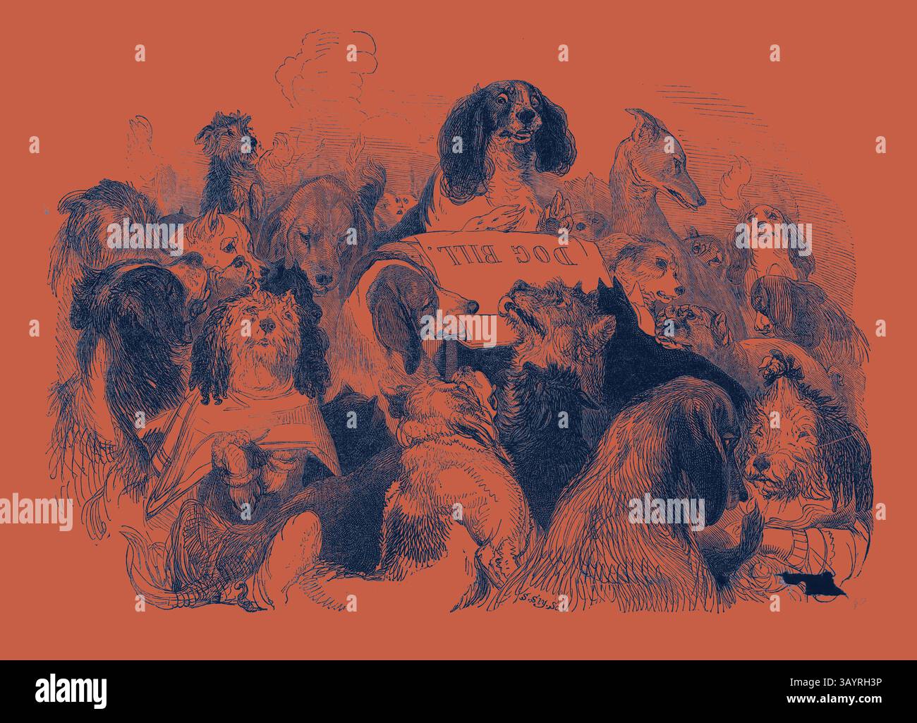 A group of various dog breeds gathers around a central figure, a large ...