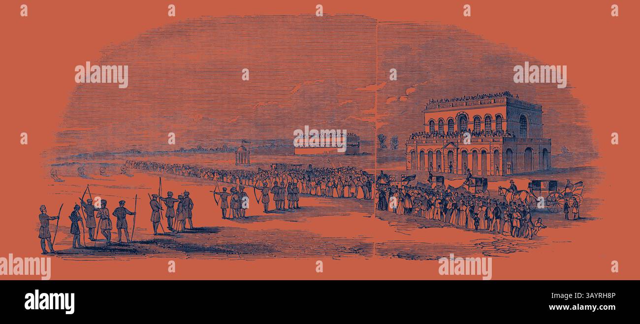 A historic scene depicting a large gathering of people, with a ...