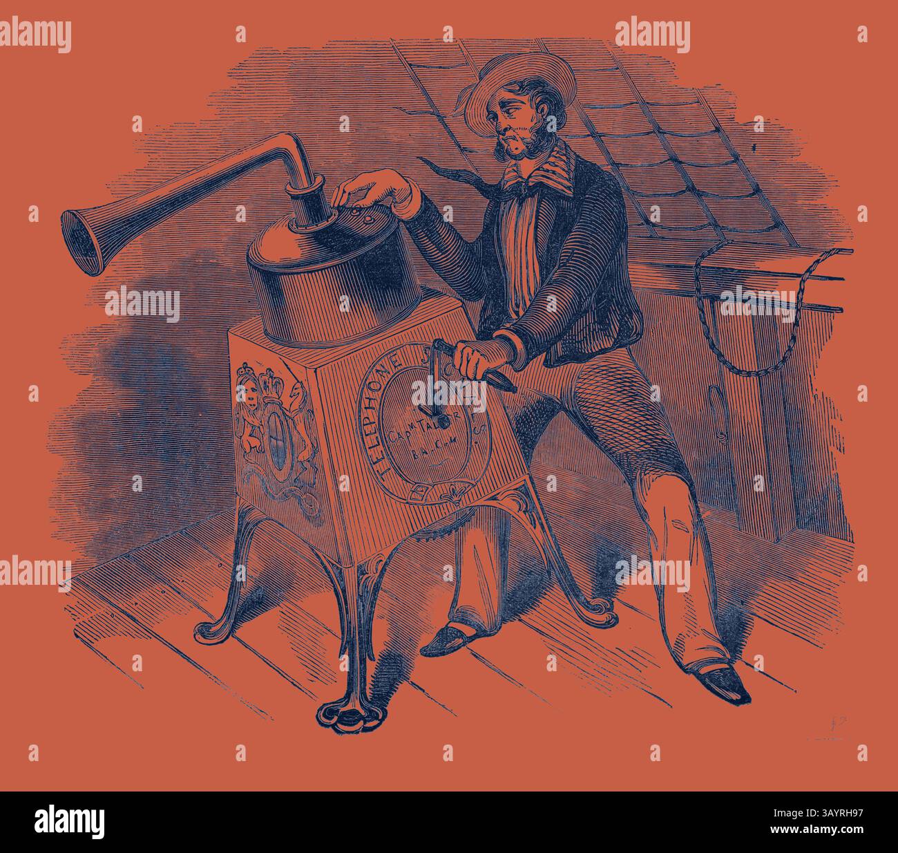 An early illustration of a man operating a vintage telephone device ...