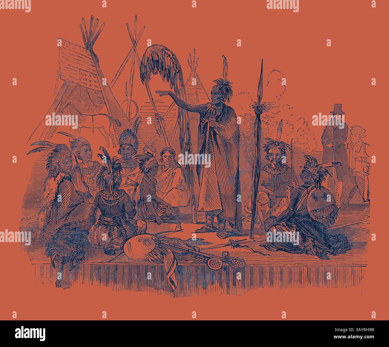 A historical scene depicting a gathering of Indigenous individuals in ...