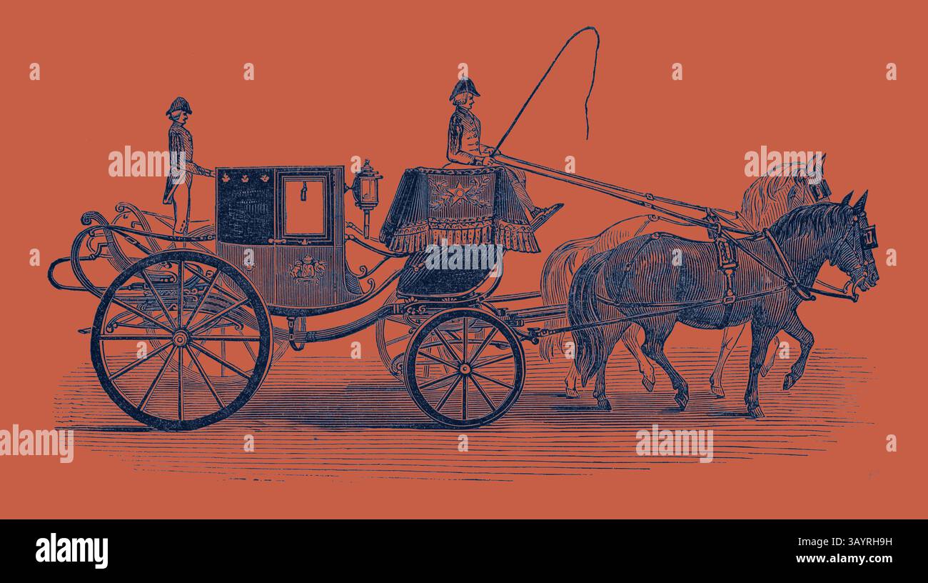 A vintage horse-drawn carriage is elegantly depicted with two figures ...