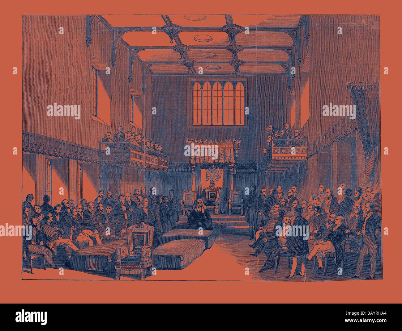 A gathering of people seated in a grand hall, engaged in discussion ...