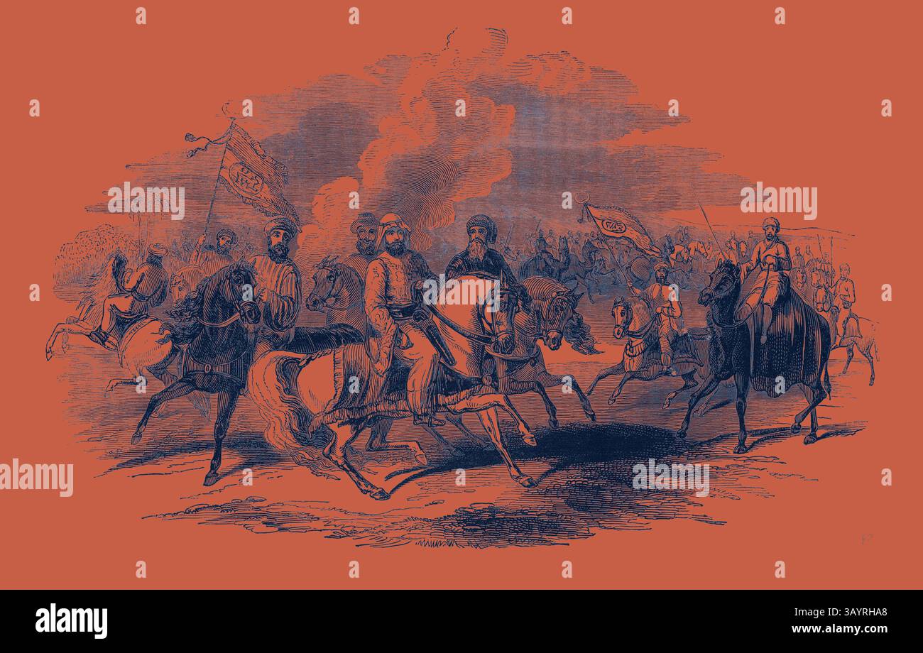 A group of mounted soldiers in historical attire rides across a ...