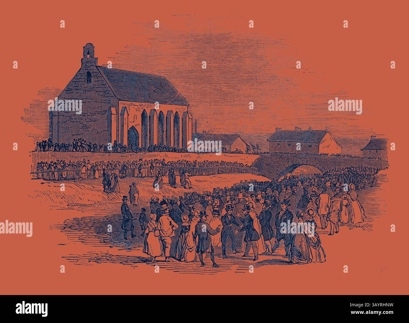 A large crowd gathers outside a historic chapel, with people dressed in ...