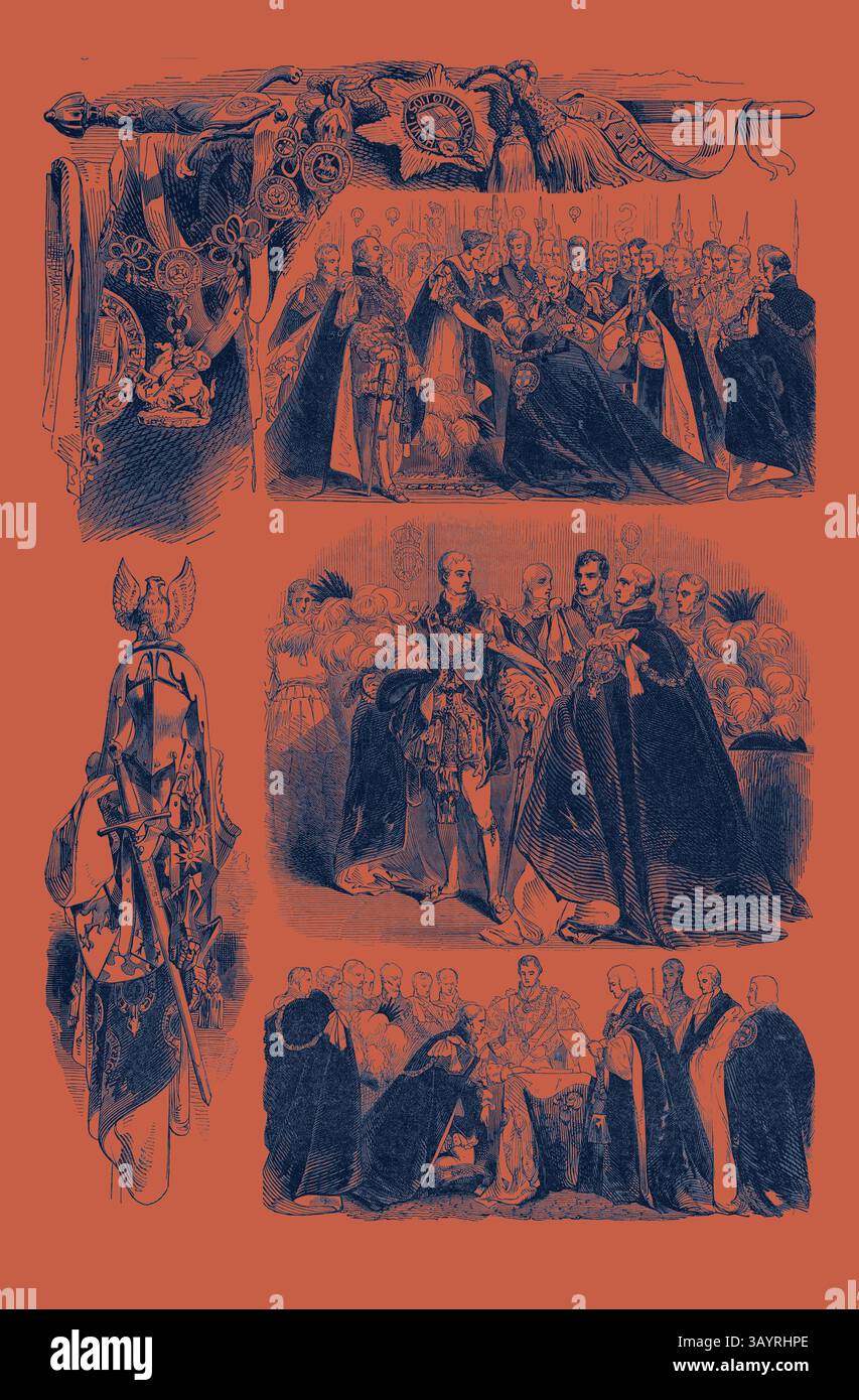 A collection of intricate illustrations depicting a royal ceremony ...