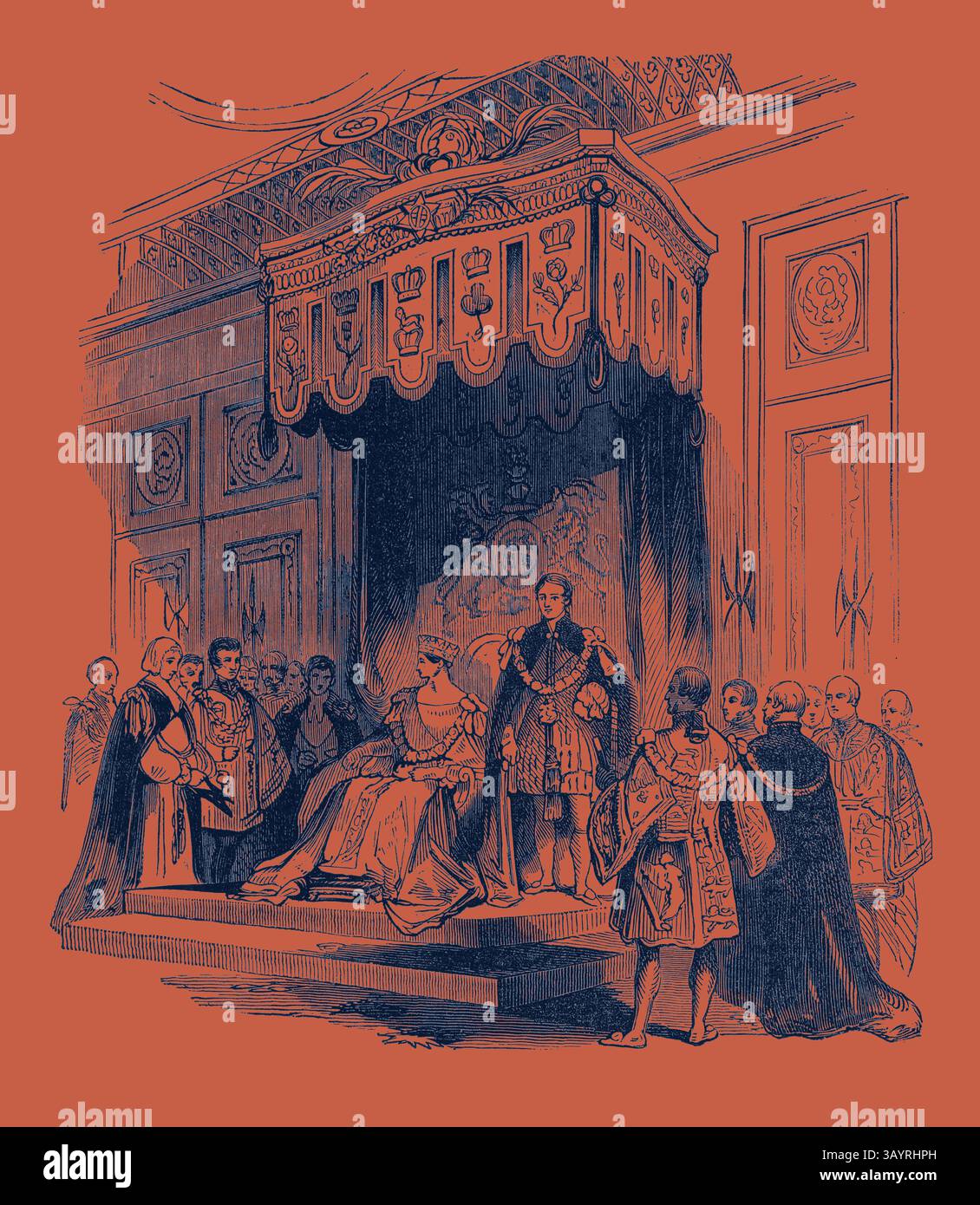 A regal scene depicting a monarch seated on a grand throne, surrounded ...