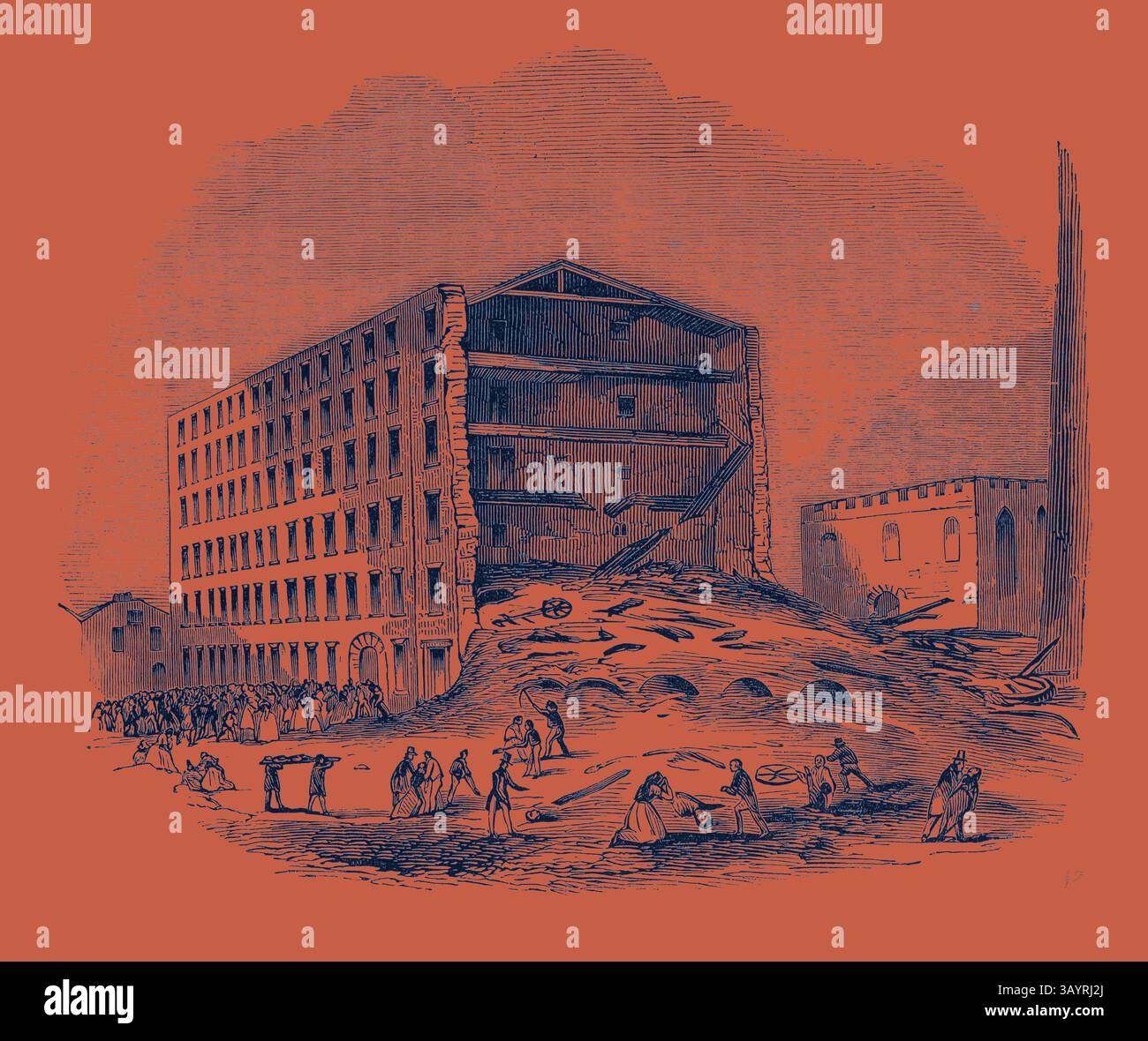 A scene depicting the aftermath of a disaster, showcasing a partially ...