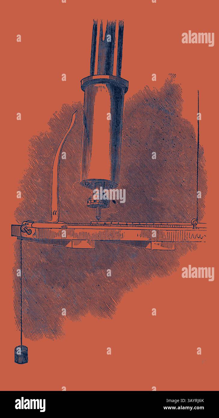 A vintage illustration of a mechanical device, featuring a vertical ...
