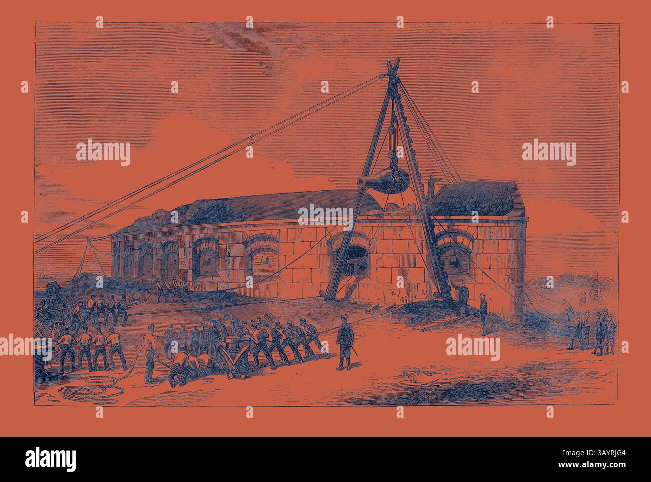 A historical scene depicting a large stone fortification under ...