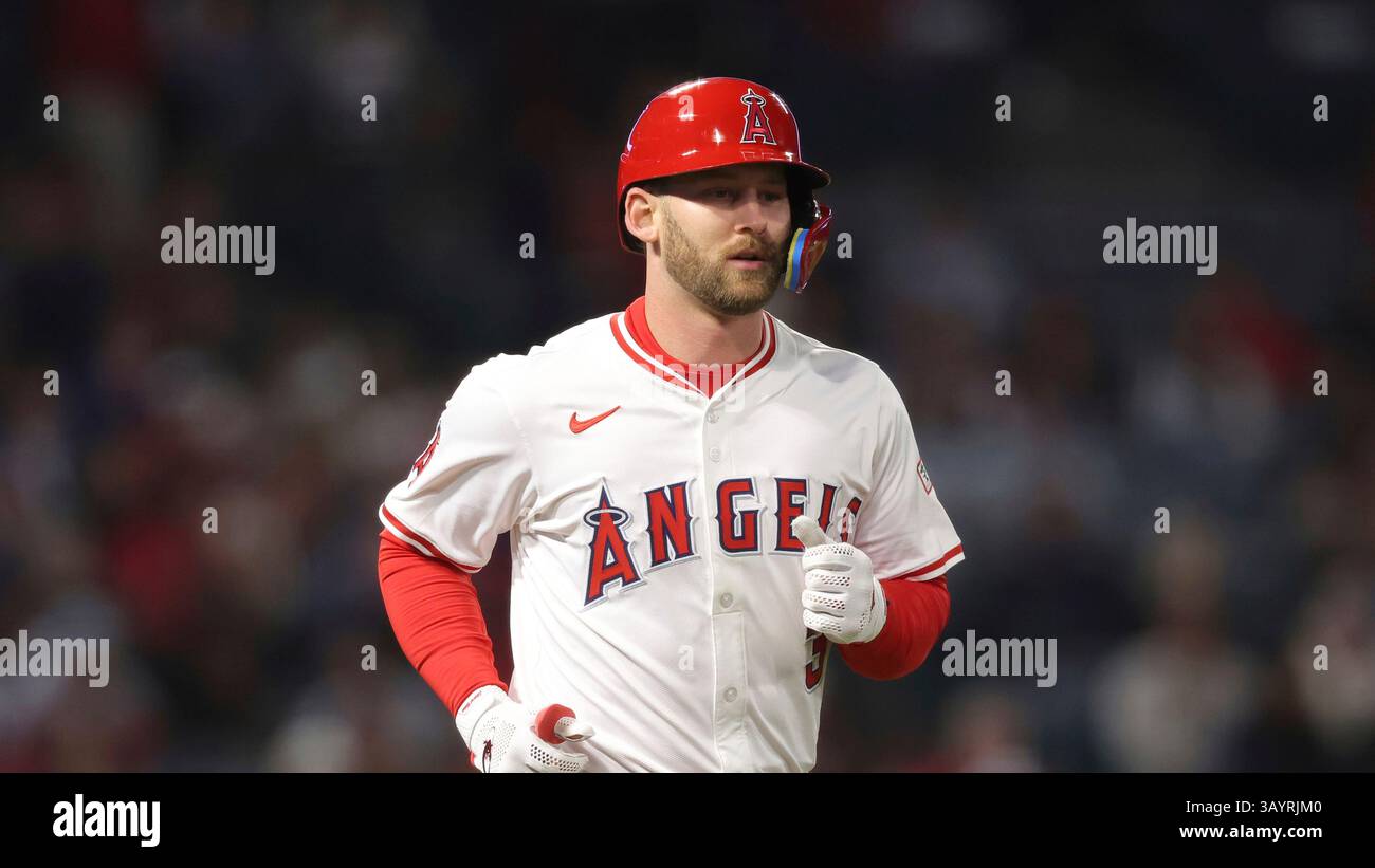 Los Angeles Angels' Taylor Ward runs towards first base after being ...