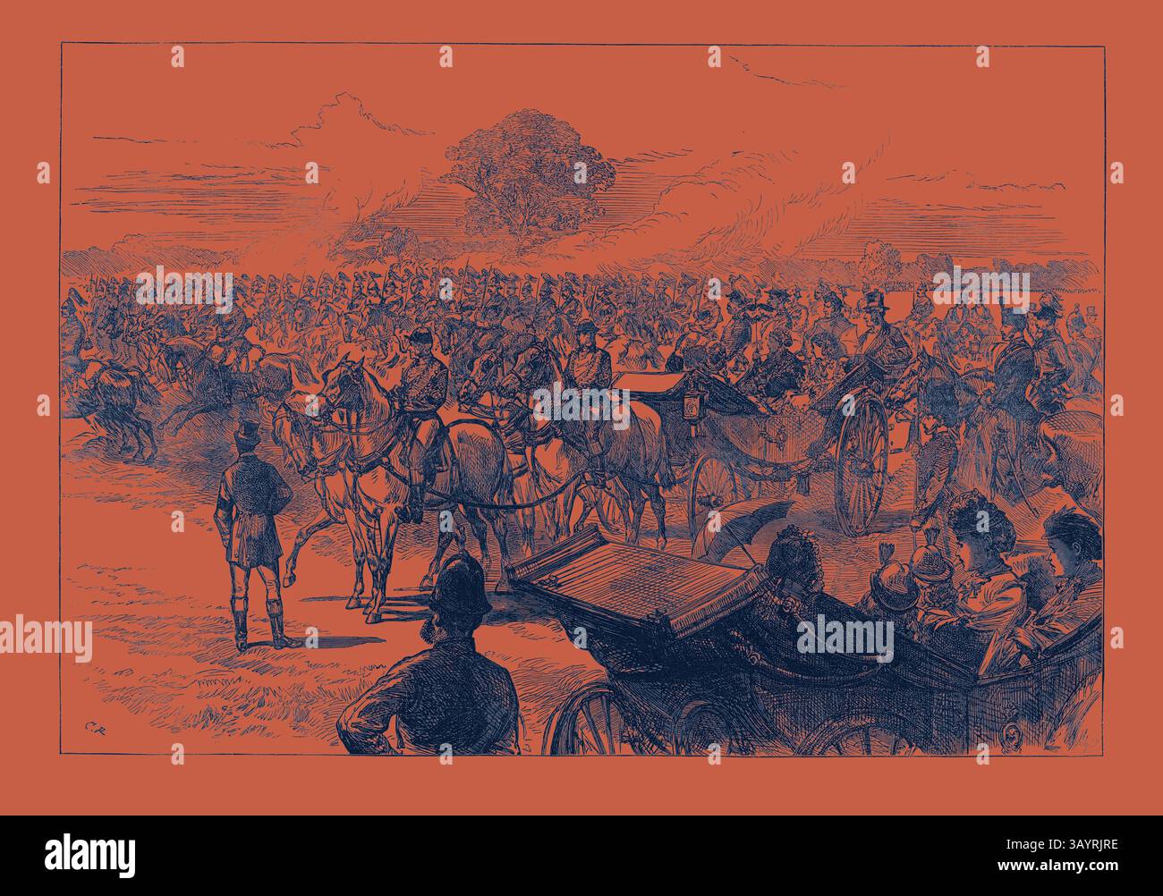 A large assembly of mounted soldiers and carriages, set against a ...