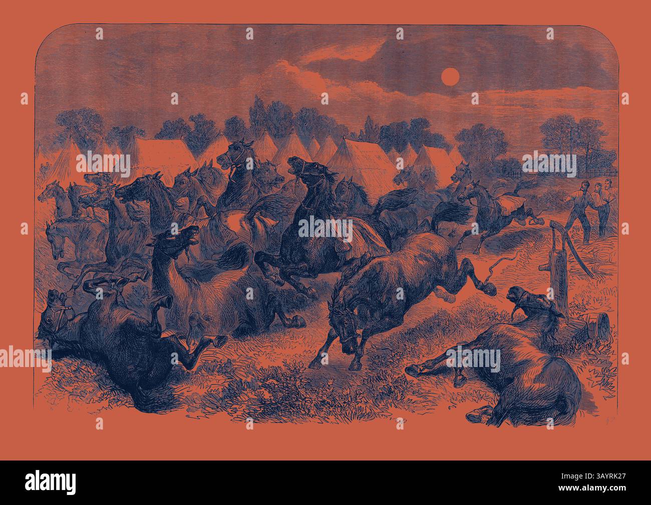 A chaotic scene unfolds as a herd of horses breaks free, galloping ...