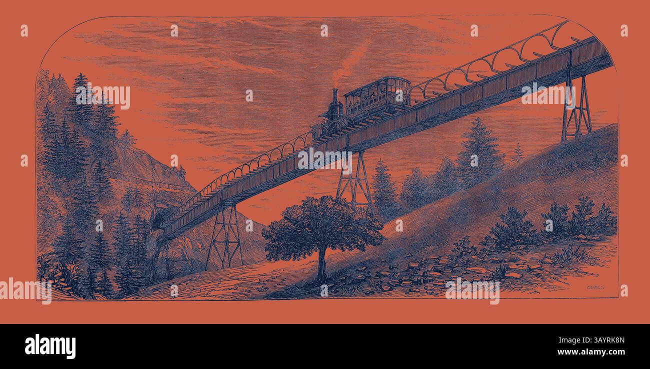 A vintage illustration depicts a train ascending a steep, elevated ...