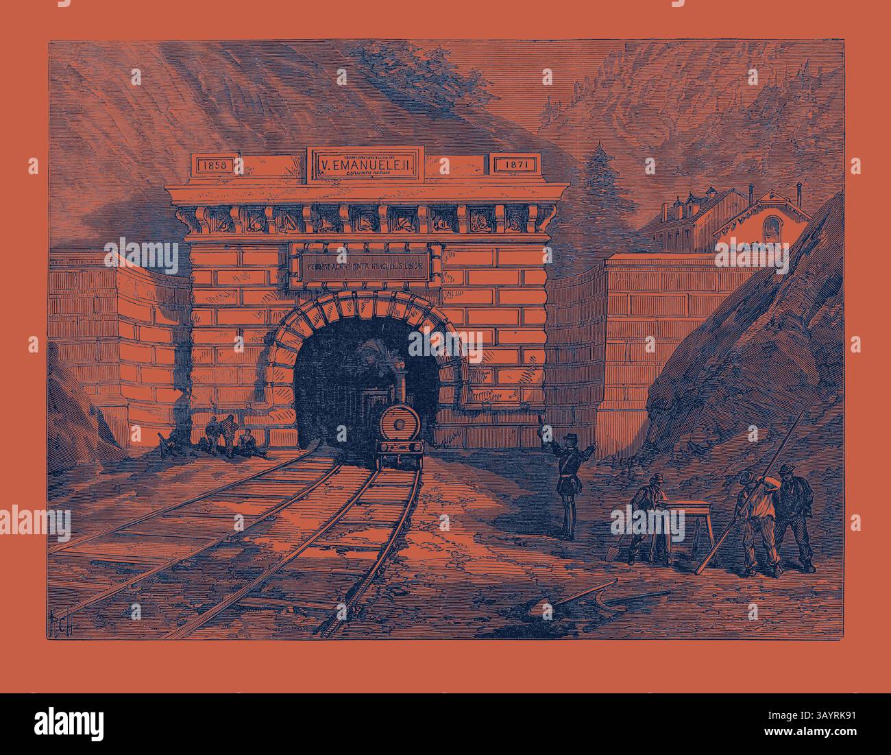 A train approaches a grand tunnel entrance, framed by ornate stonework ...