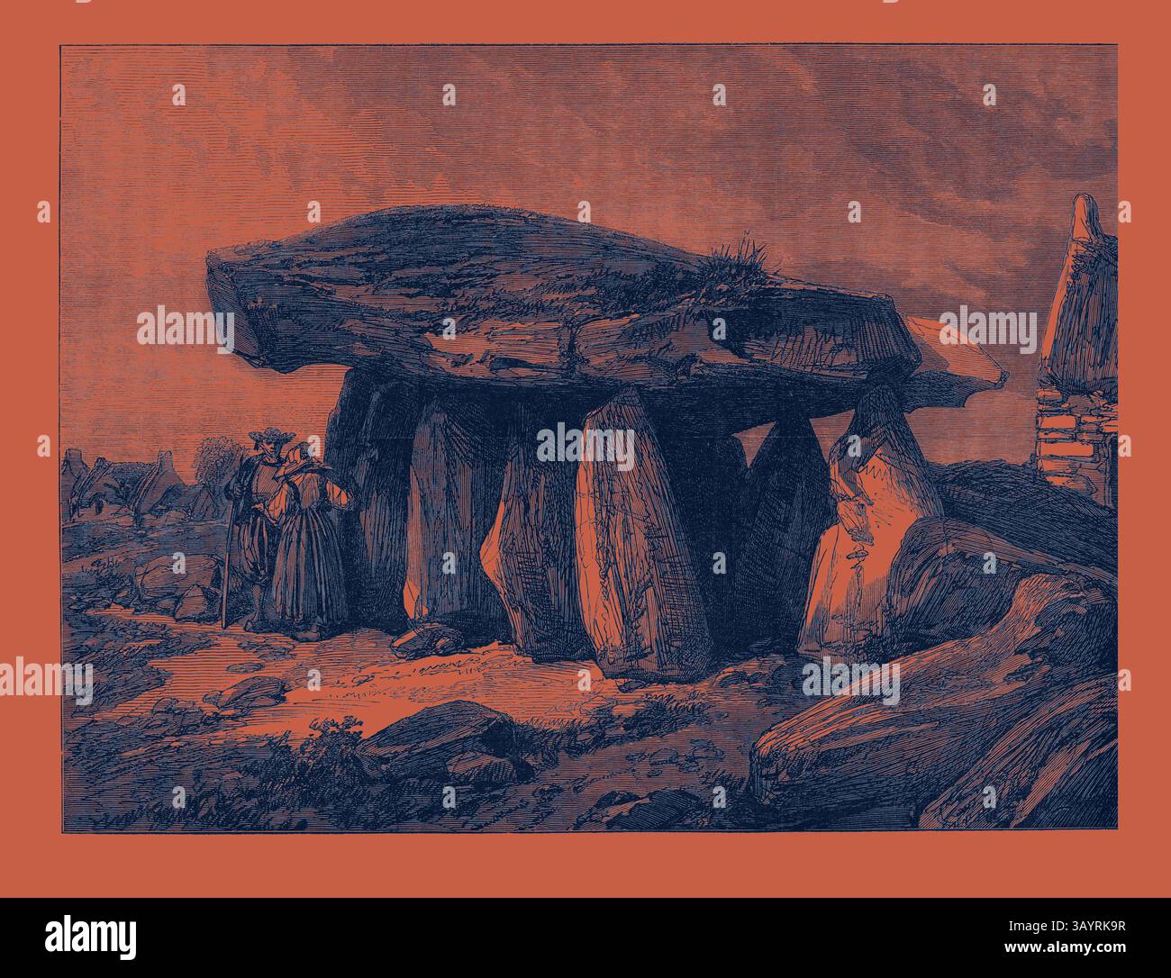 A large prehistoric dolmen stands prominently among rocky terrain ...
