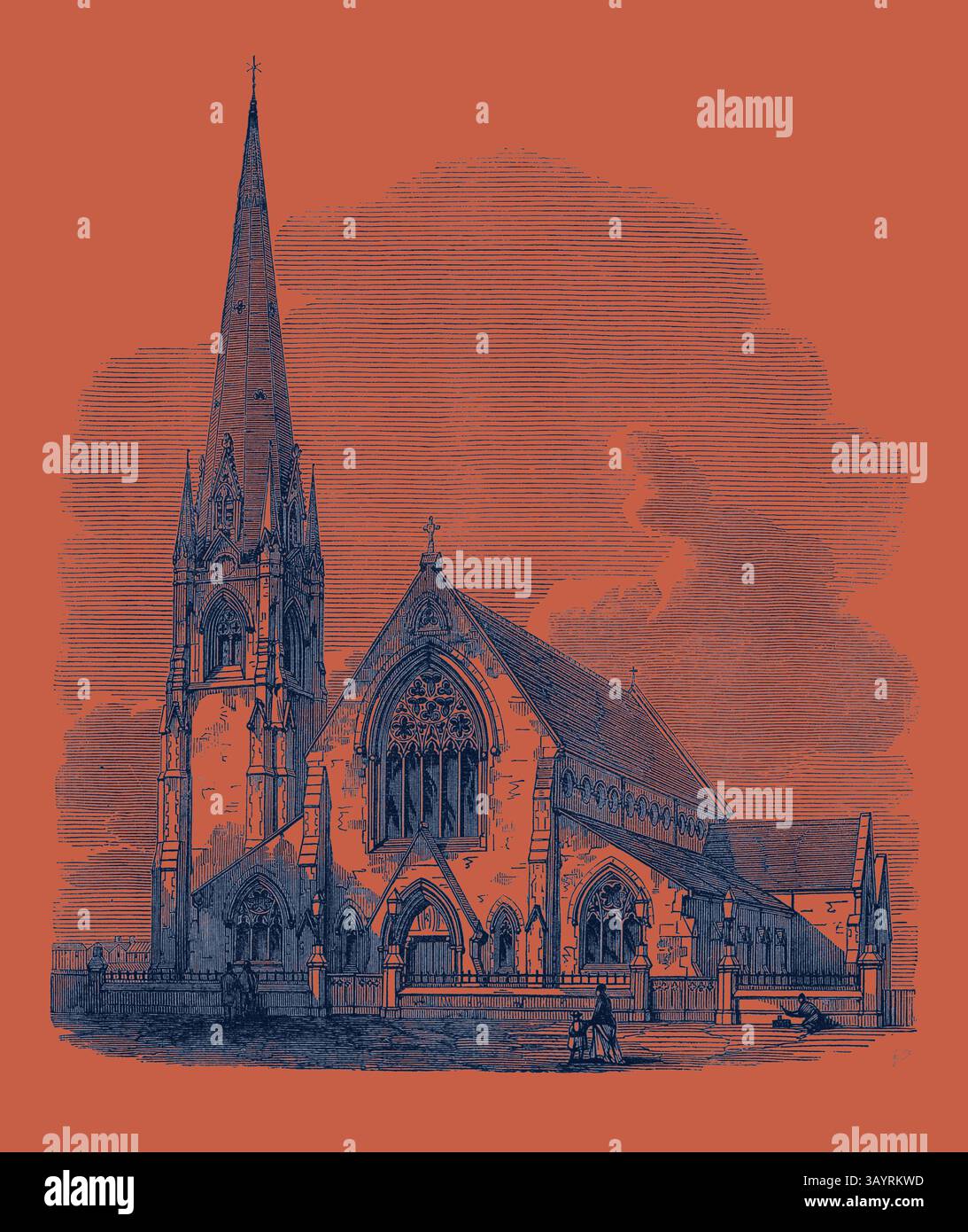 A detailed architectural illustration of a grand church featuring a ...