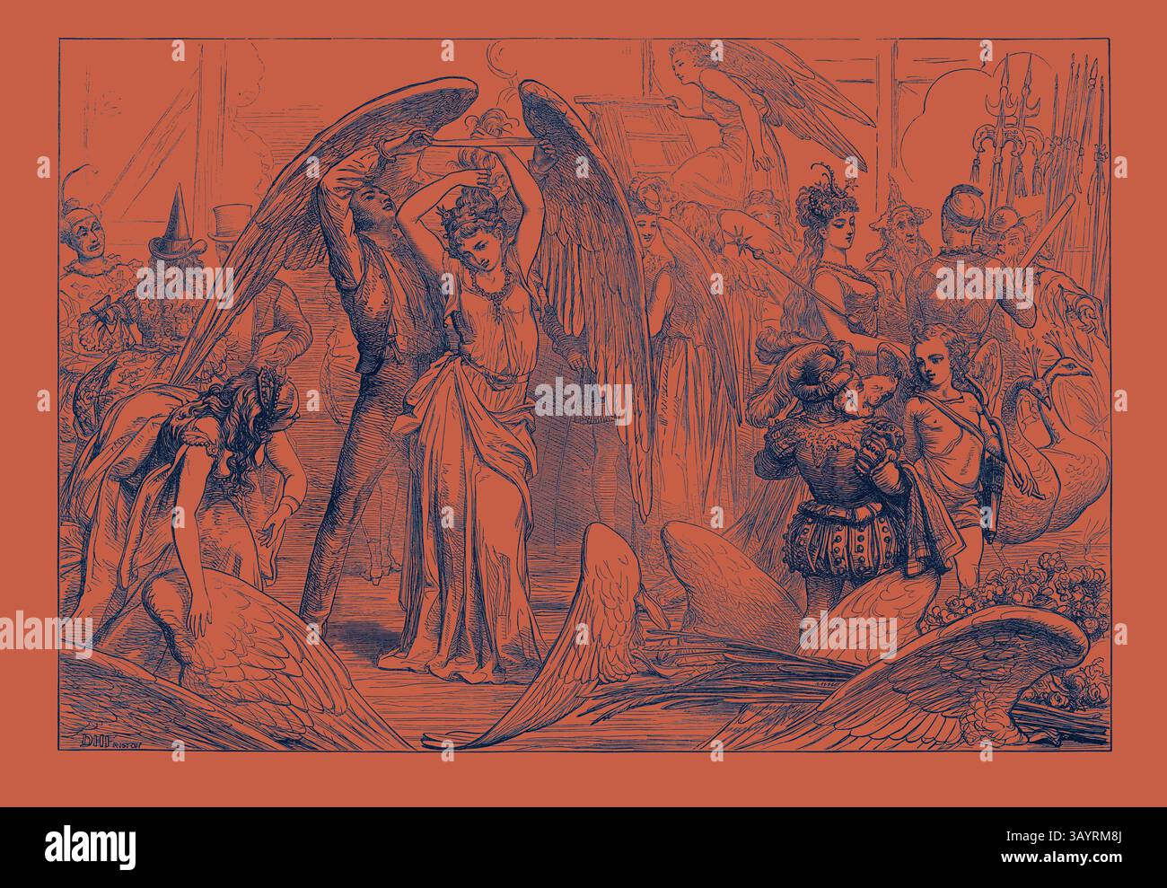 A vibrant scene filled with elegantly dressed figures and majestic ...