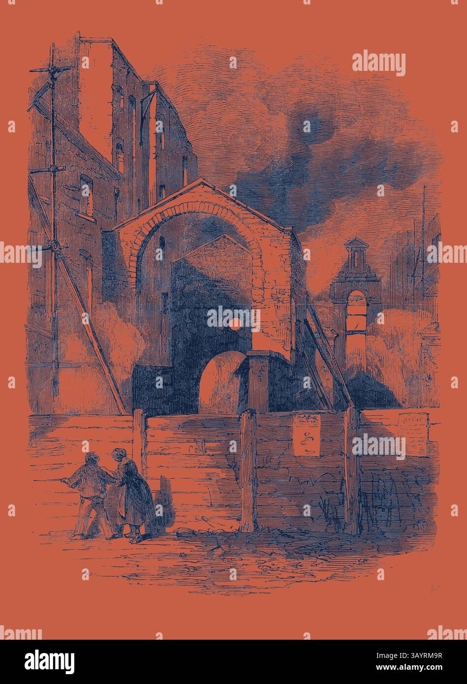 Two figures stand in the foreground, gazing up at a grand archway that ...