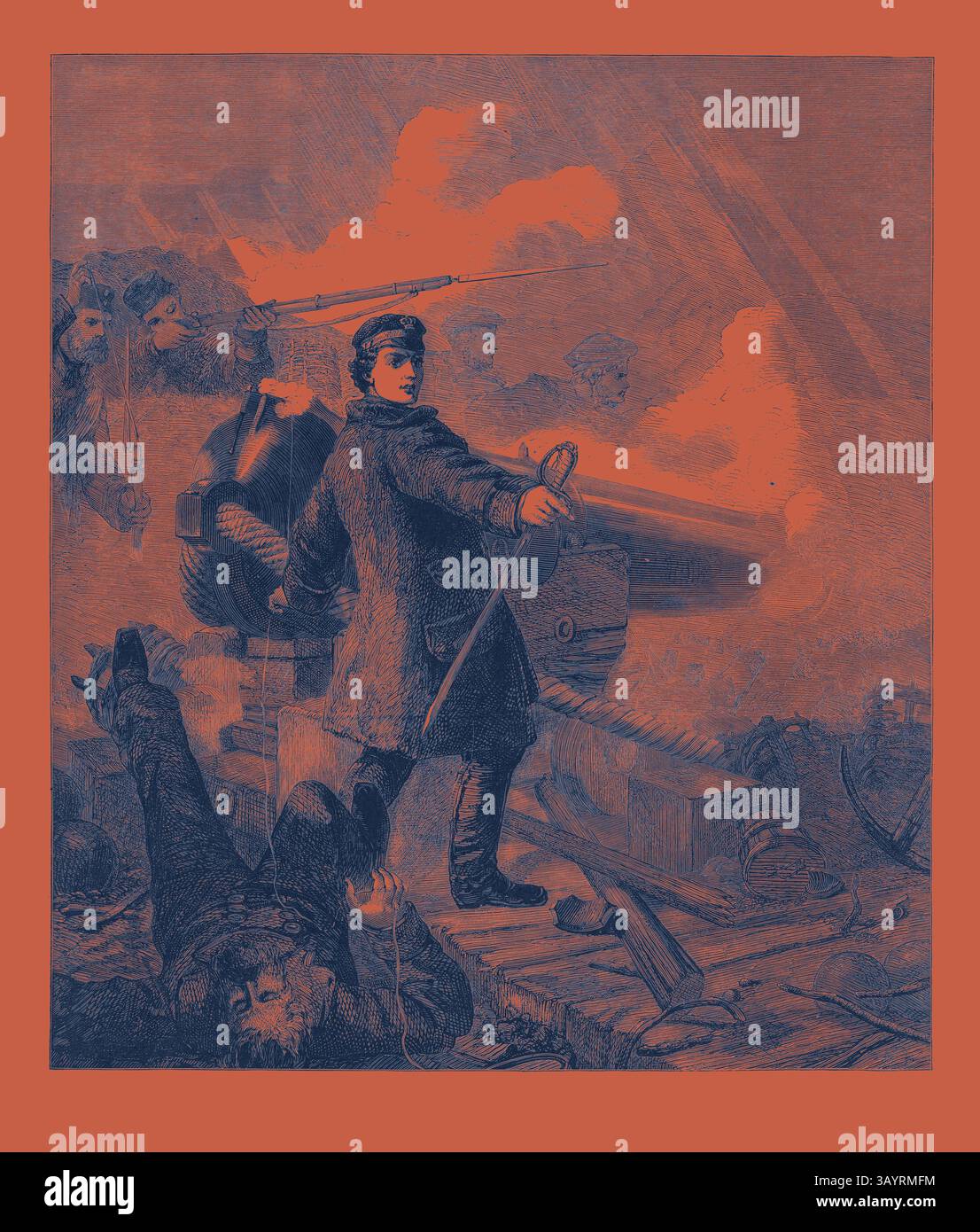 A historic scene depicting a determined soldier standing at a cannon ...