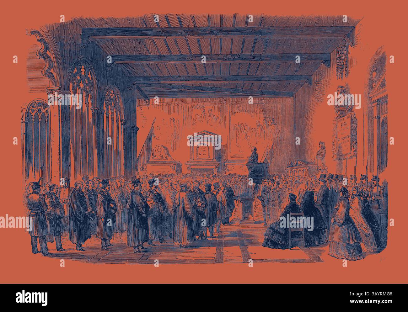 A large gathering in a grand hall, with an audience attentively ...