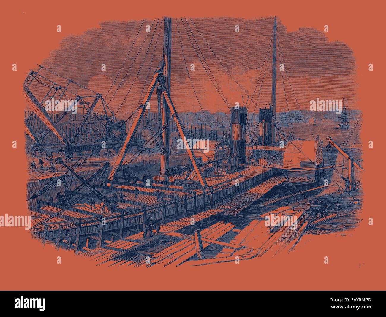 A bustling shipyard scene featuring steam-powered vessels, with workers ...