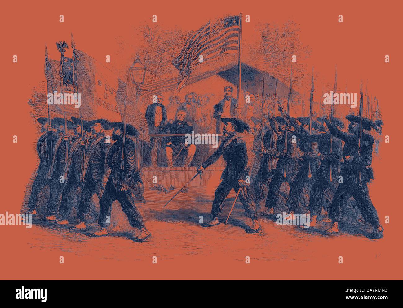 A historical scene depicting a military parade, with soldiers in ...