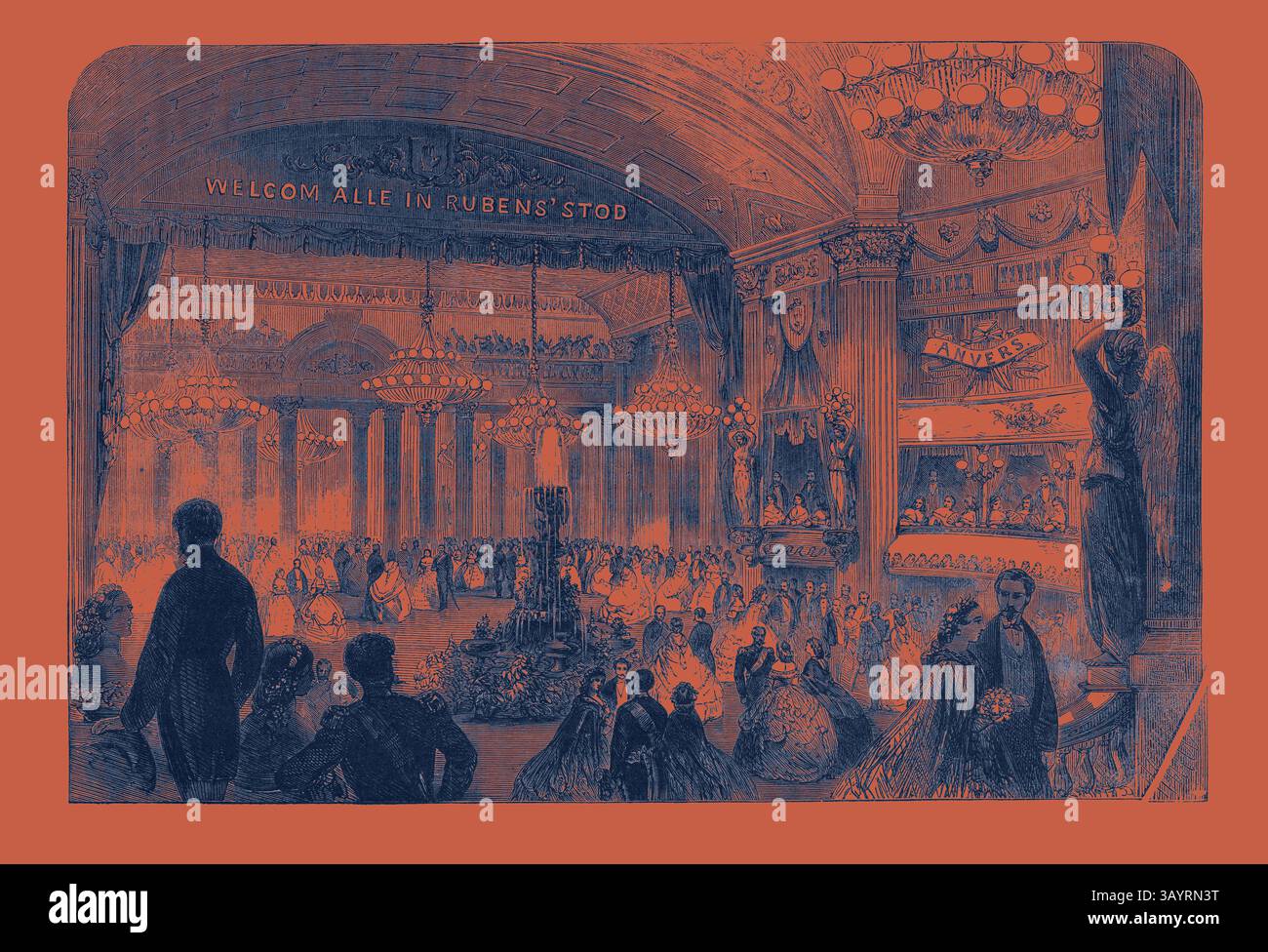 The scene depicts a grand ballroom filled with elegantly dressed guests ...