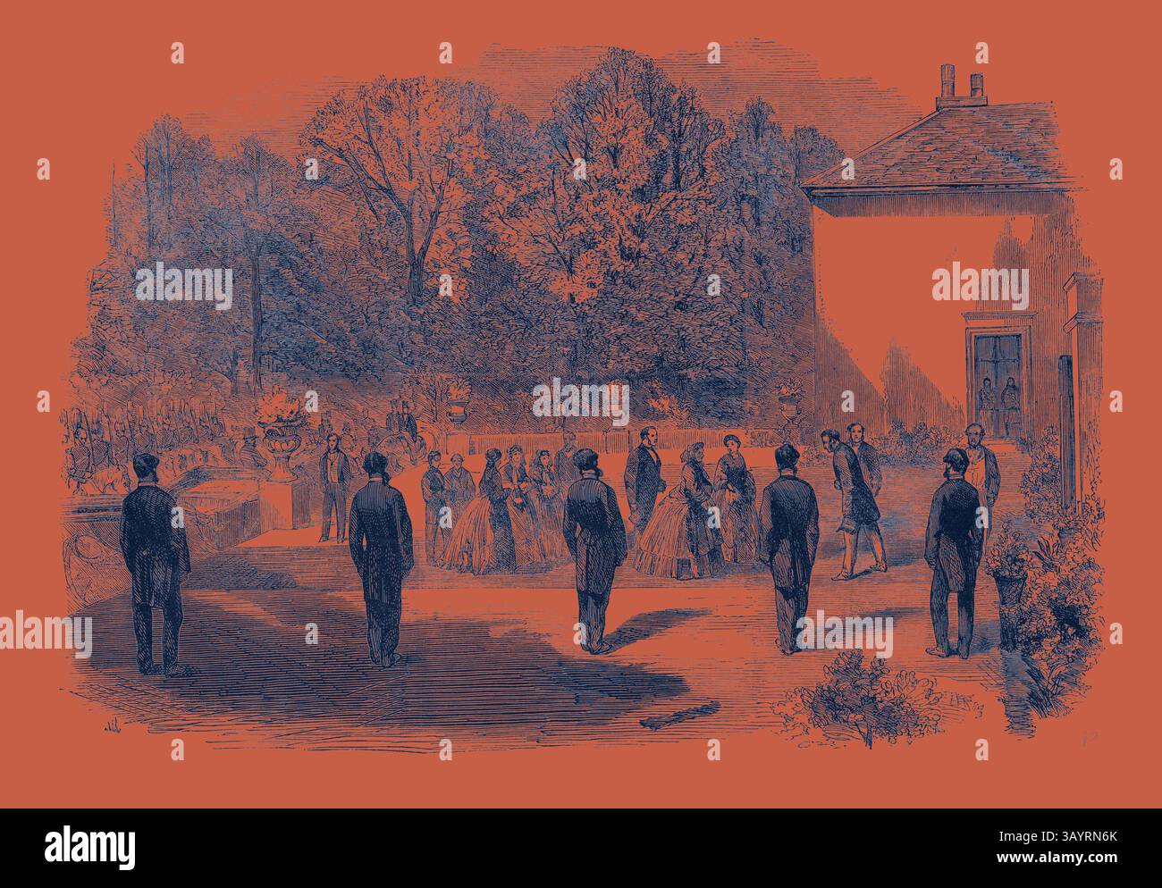 A gathering of elegantly dressed individuals stands in a landscaped ...
