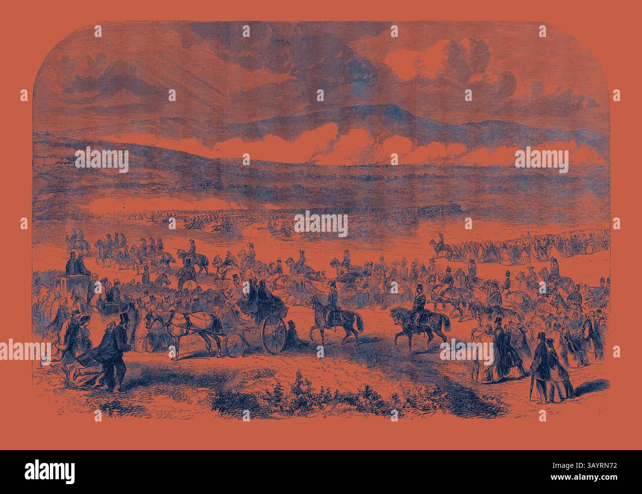 A historical scene depicting a large gathering of soldiers and horse ...