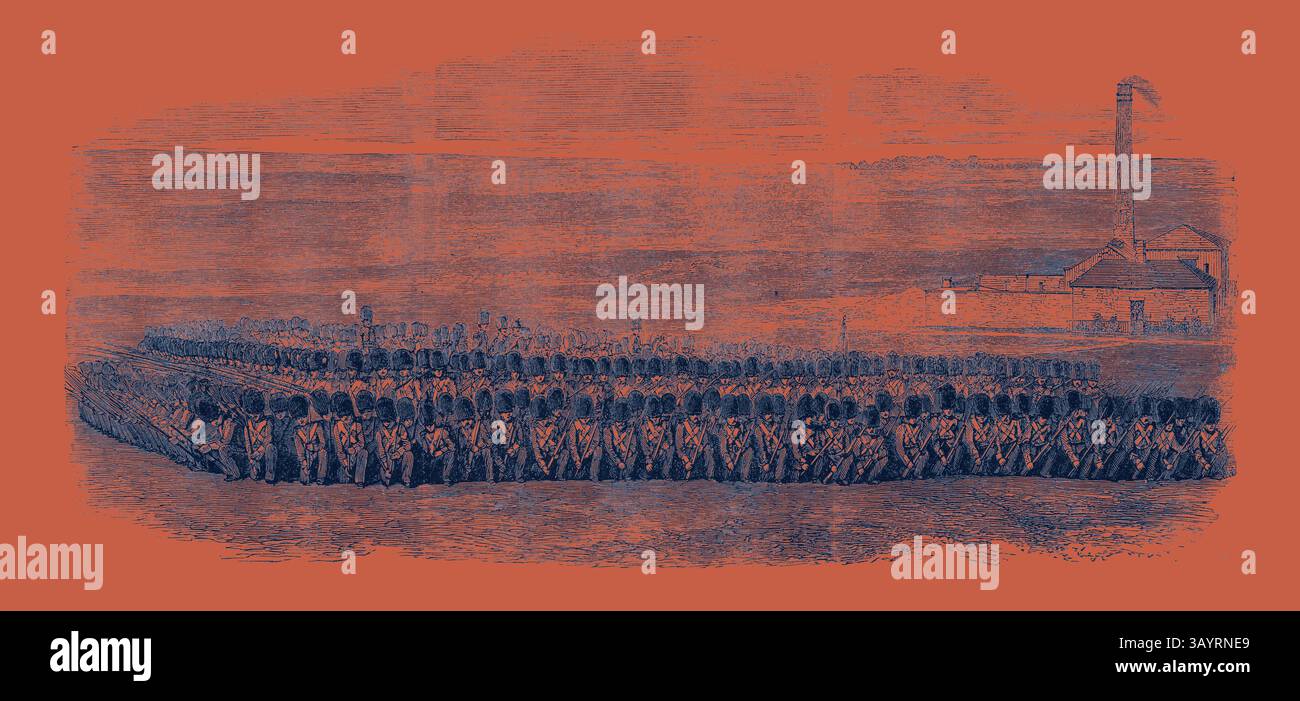 A historical scene depicting a formation of soldiers in uniform ...