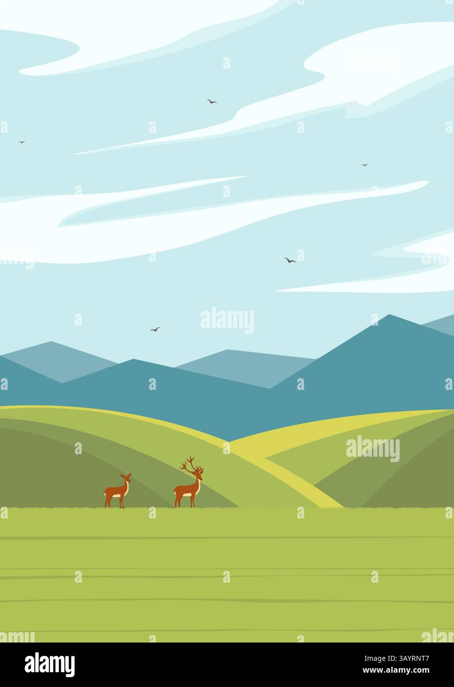 Vector illustration of beautiful summer fields landscape. Springtime ...