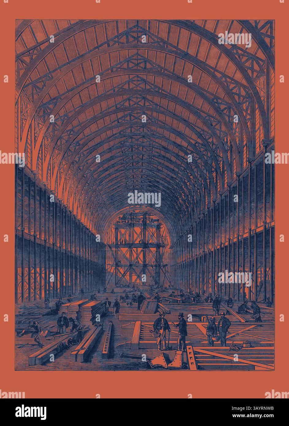 An expansive industrial interior showcases workers engaging in construction amidst towering ...