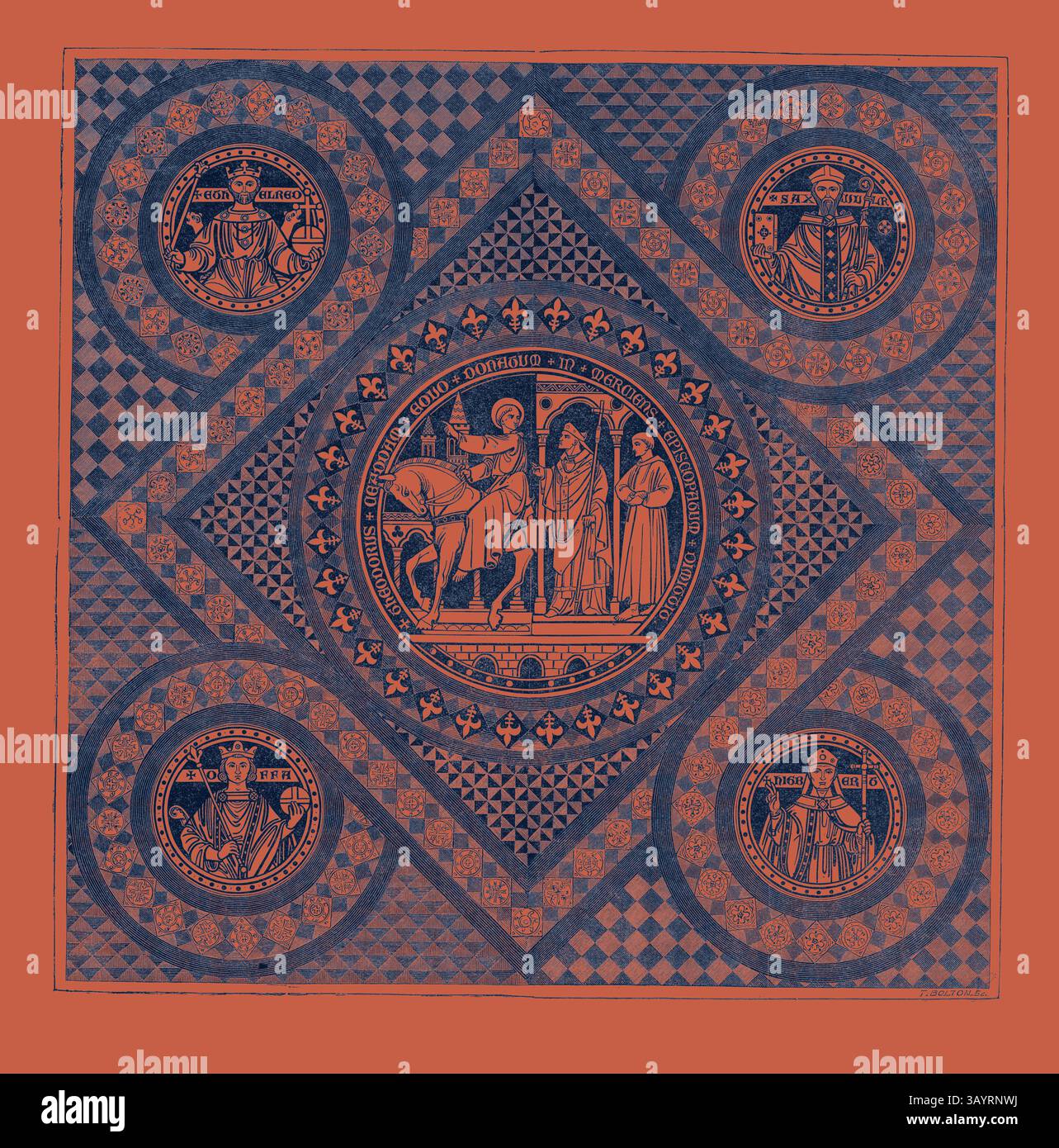 A detailed decorative design featuring central figures adorned in ...