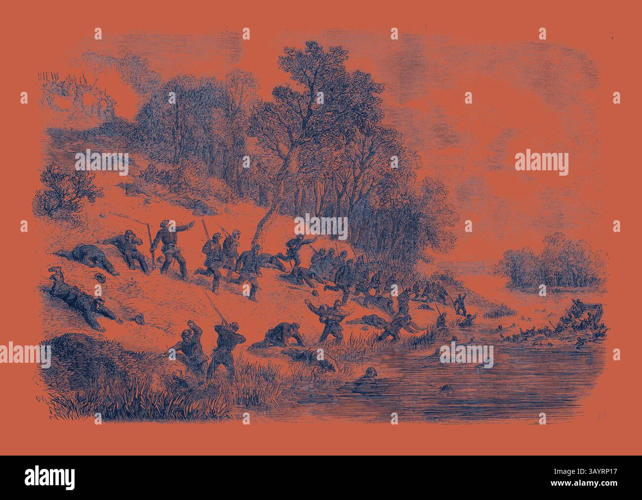 A group of soldiers engaged in battle along a riverbank, with trees in ...