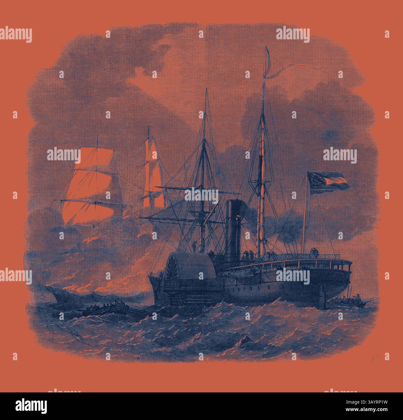 A vintage ship sails through turbulent waters, its sails billowing and ...