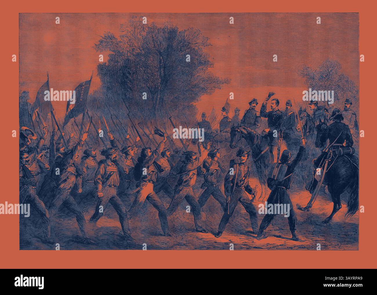 A historical scene depicting a tense military encounter, with soldiers ...