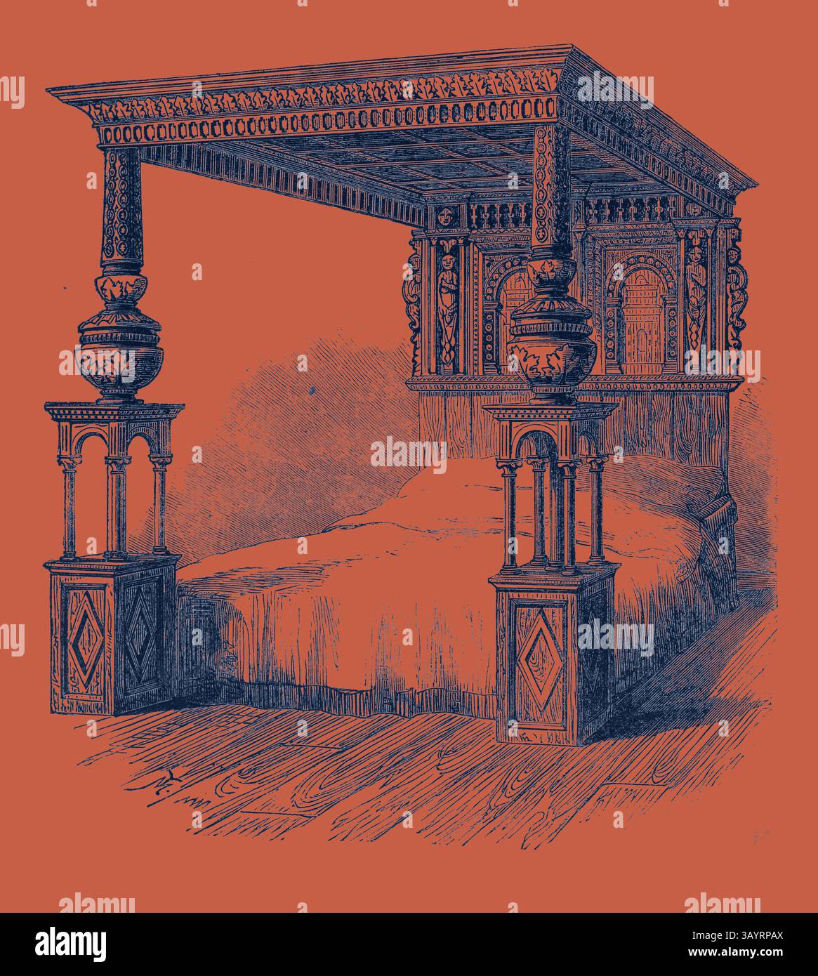 A beautifully ornate four-poster bed, featuring intricately carved ...