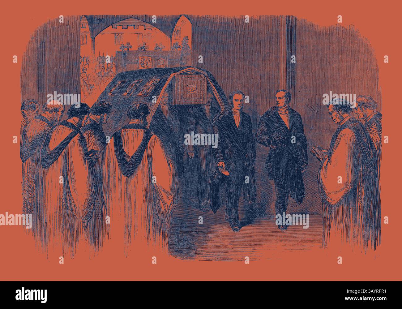 A group of solemn figures in elaborate attire gathers around a casket ...